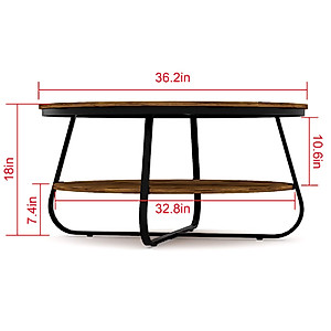 Elephance Round Coffee Table with Storage, 35.8 Inch Industrial Wood Coffee Table with Metal Frame for Living Room (Rustic Brown)