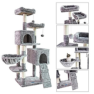 Hey-brother 58'' Multi-Level Cat Tree Condo Furniture with Sisal-Covered Scratching Posts, 2 Plush Condos, Hammock for Kittens, Cats and Pets Light Gray MPJ013M