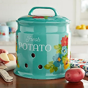 9.5 inch Potato Storage For Pantry, Garlic Keeper For Kitchen Counter, Onion Keeper, Potato Bin, Potatoes Storage, Stoneware Food Storage Canisters with Holes and Lid