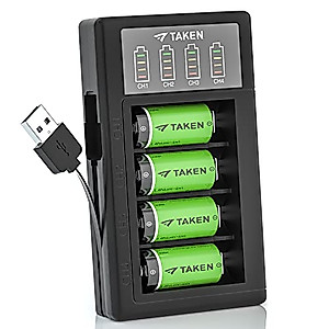 Taken 4 Pack Cr123a Lithium Batteries 3.7V Rechargeable Batteries and LED Charger Compatible with Arlo Cameras (VMC3030/VMK3200/VMS3330/3430/3530), Flashlight, Microphone
