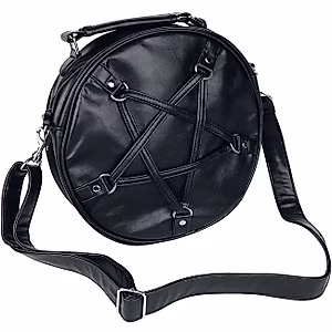 Lost Queen Pentagram Handbag Round - Gothic Crossbody Purse - Black Faux Leather Bag