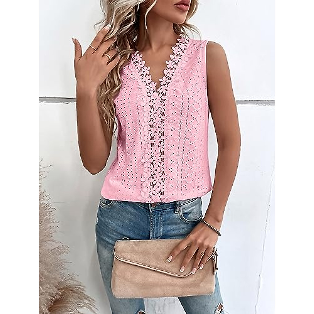 SweatyRocks Women's Floral Lace V Neck Tank Top Casual Hollow Out Sleeveless T Shirt Pink S