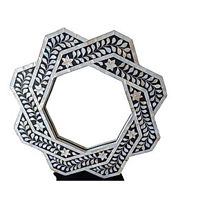 Handmade Mother Of Pearl Inlay Hexagonal Black Floral Pattern Mirror Frame | Handmade MOP Inlay Mirror Frame For Home Decor