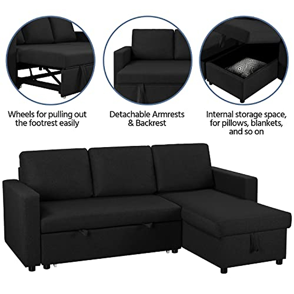 Yaheetech Sectional Sofa L-Shaped Sofa Couch Bed w/Chaise, Reversible Couch Sleeper w/Pull Out Bed & Storage Space, 4-seat Fabric Convertible Sofa, Pull Out Couch, Suitable for Living Room Black