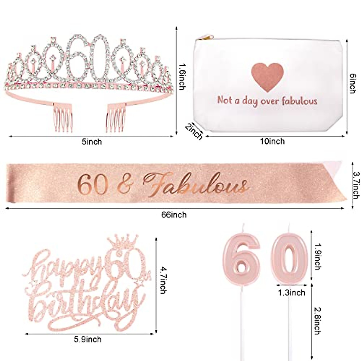 XO LOVEORY 60th Birthday Decorations for Woman, 60th Birthday Sash, Tiara Crown, Canvas Makeup Bag, Cake Topper & Candles, 60th Birthday Gifts for Her Birthday Party