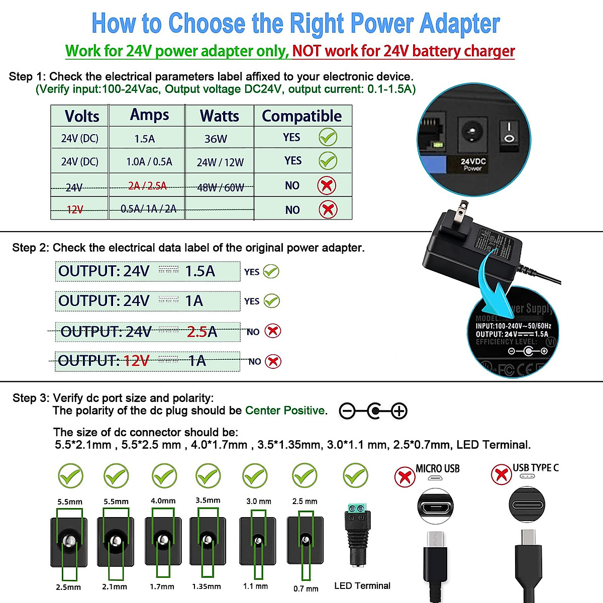 TKDY 24V DC Power Supply Cord, 100-240V AC to DC 24 Volt 1.5A 1A 0.5A 24Vdc Power Adapter, for DC24V LED Strip Lights Diffuser Humidifier and More (Not 24V Battery Charger).