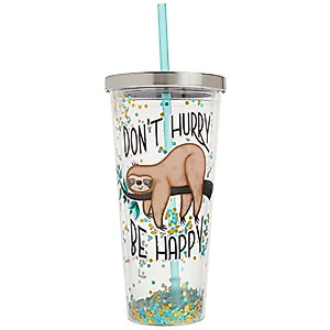 Spoontiques - Glitter Filled Acrylic Tumbler - Glitter Cup with Straw - 20 oz - Stainless Steel Locking Lid with Straw - Double Wall Insulated - BPA Free - Sloth
