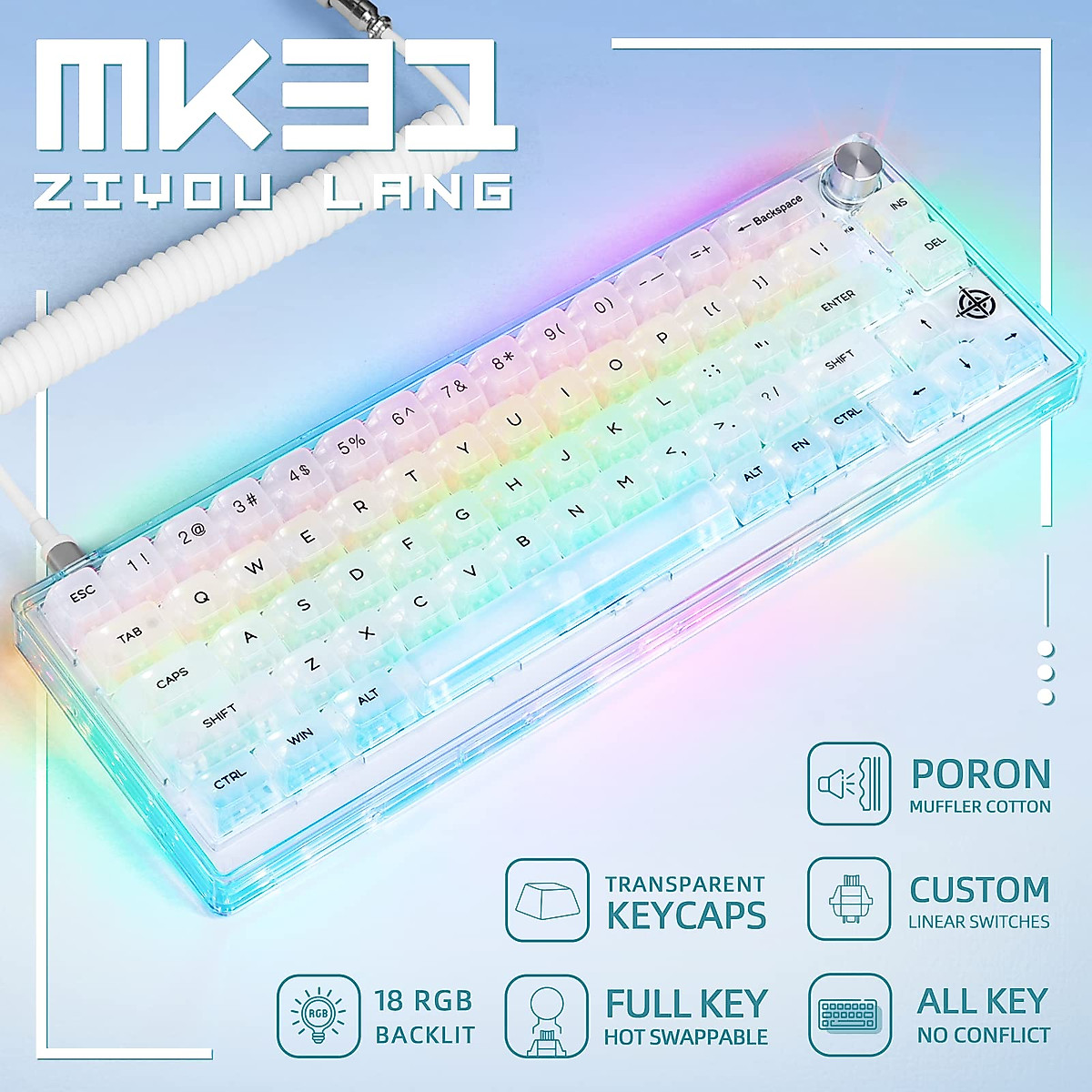 65% Hot-Swap Wired Mechanical Gaming Keyboard Programmable with Transparent 66 Key Full Side RGB OWERTY Linear Ice White Switch Custom Coiled C to A Cable Media Knob 2-IN-1 Case for WIN/PC/MAC(White)