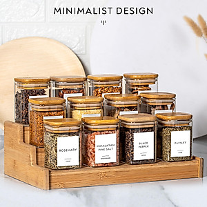 Laramaid 7oz 12Packs Glass Jars Set with 208 Minimalist Spice Labels, Square Spice Jars with Bamboo Lids and White Vinyl Customized Sticker Labels, Food Storage Container Canisters