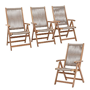 OC Orange-Casual Folding Patio Dining Chair Set of 4, Outdoor Acacia Wooden Rope Reclining Chair w/Armrest, FSC Certified Wood, for Porch, Backyard, Garden, Indoor, Beige