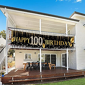 ZDX Happy 100th Birthday Theme Banner Birthday Party Poster Decor Black Backdrop Gold Balloon Photo Outdoor & Indoor Hanging With ZDXZ-US-HF346-fba 0