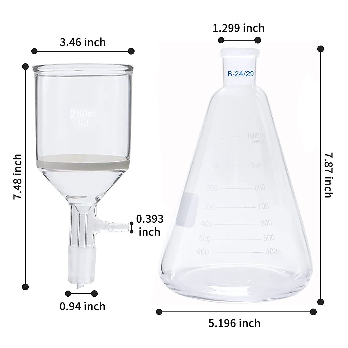 Buchner Funnel Filter Flask Set ，Laboratory High Borosilicate Glass Vacuum Filter with 1000ml Filter Bottle and 250ml Buchner Funnel