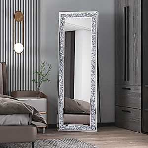 MUAUSU Crystal Full Length Floor Mirror- 59"×18" Crushed Diamond Full Body Mirror Silver Long Standing Mirror for Bedroom Living Room Bathroom Wall Mounted
