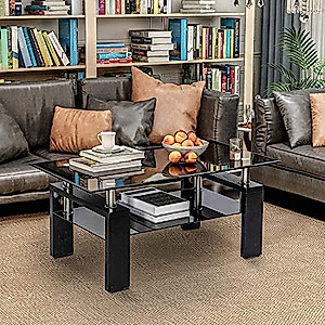 Tansole Rectangle Glass Coffee Table,Glass Coffee Tables for Living Room,Rectangle Clear Coffee Table for Home Office or Conversation Leisure Occasions,Rectangle Glass Cocktail Table,Wooden Leg,Black