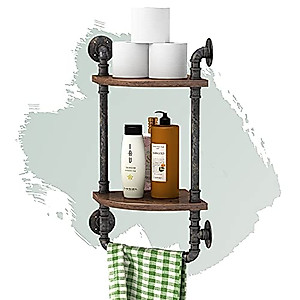MCleanPin Industrial Pipe Corner Shelves,Rustic Wall Mount Corner Bathroom Shelf 2-Tiers Towel Racks with Towel Bar, DIY Open Bookshelves,Metal Hung Bracket Bookcase, Real Wood Storage Shelving
