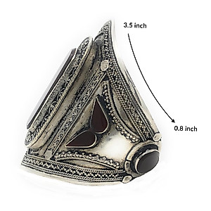 Duel On Jewel Afghan Tribal Womens Handmade Oxidized Engraved Big Vintage Cuff in Red Stone - Boho Chic Trendy Stylish
