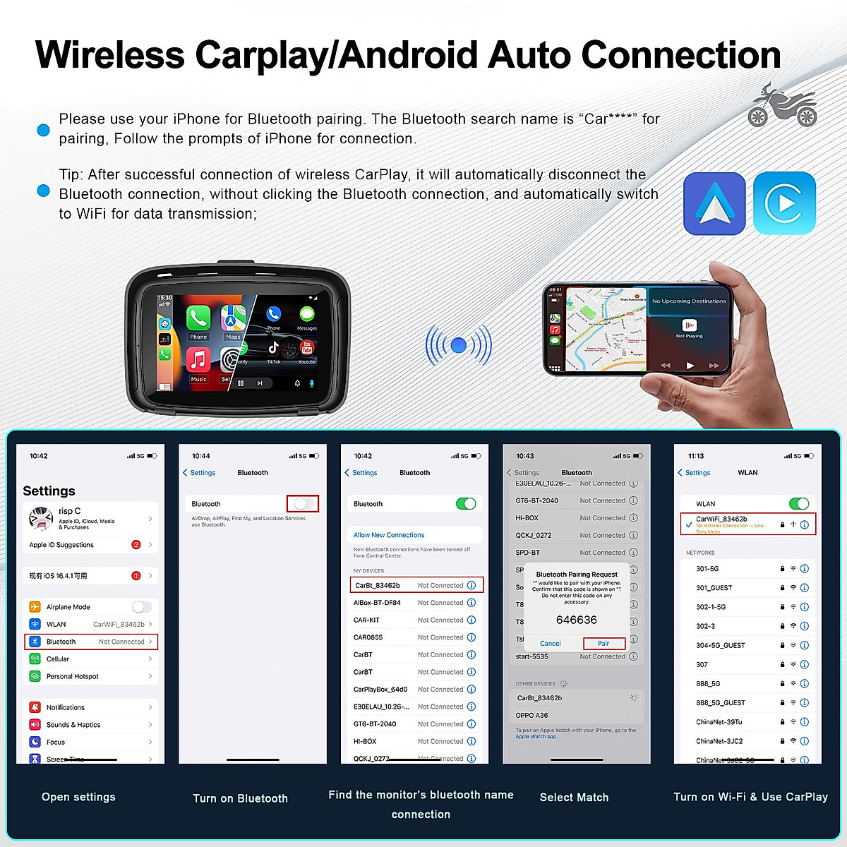 CAMECHO Portable Wireless Carplay Android Auto for Motorcycle, 5" IPS Touch Screen Portable Motorcycle Navigator IPX7 Waterproof, Dual Bluetooth, GPS Navigation for Most Motorbike, Siri