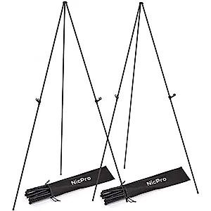 Nicpro Folding Easels for Display, 2 Pack 63 Inch Metal Floor Easel Stand Tripod Black Portable for Artist Poster Wedding with Carry Bag