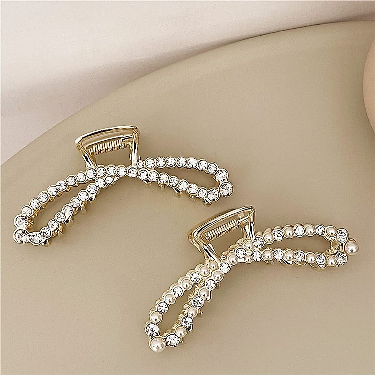 Pearl Rhinestone Hair Clips, Sinide 3 Pack Large Crystal Gold Metal Hair Catch Barrette Jaw Clamp Non-Slip French Hair Claws Strong Hold Hair Accessories for Women, Lady, Girls