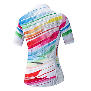 Weimostar Women's Cycling Jersey Short Sleeve Bike Biking Shirts Full Zipper Bicycle Tops Cycling Clothes Pockets Reflective Rainbow White Size XXL