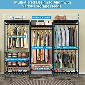 VIPEK V10 Wire Garment Rack 5 Tiers Heavy Duty Clothes Rack with Hanging Rods, Wire Shelves & 2 Slid Storage Baskets, Large Size Clothing Rack 85.4" W x 15.7" D x 76.4" H, Max Load 800 LBS, Black