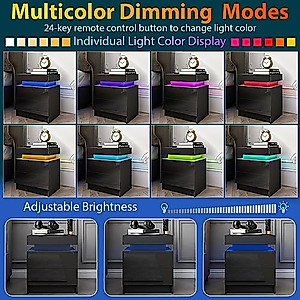 HOMMPA LED Nightstand Black Nightstand with Led Lights Modern Night Stand with 2 High Gloss Drawers Led Bedside Table Smart Nightstand for Bedroom 20.5” Tall