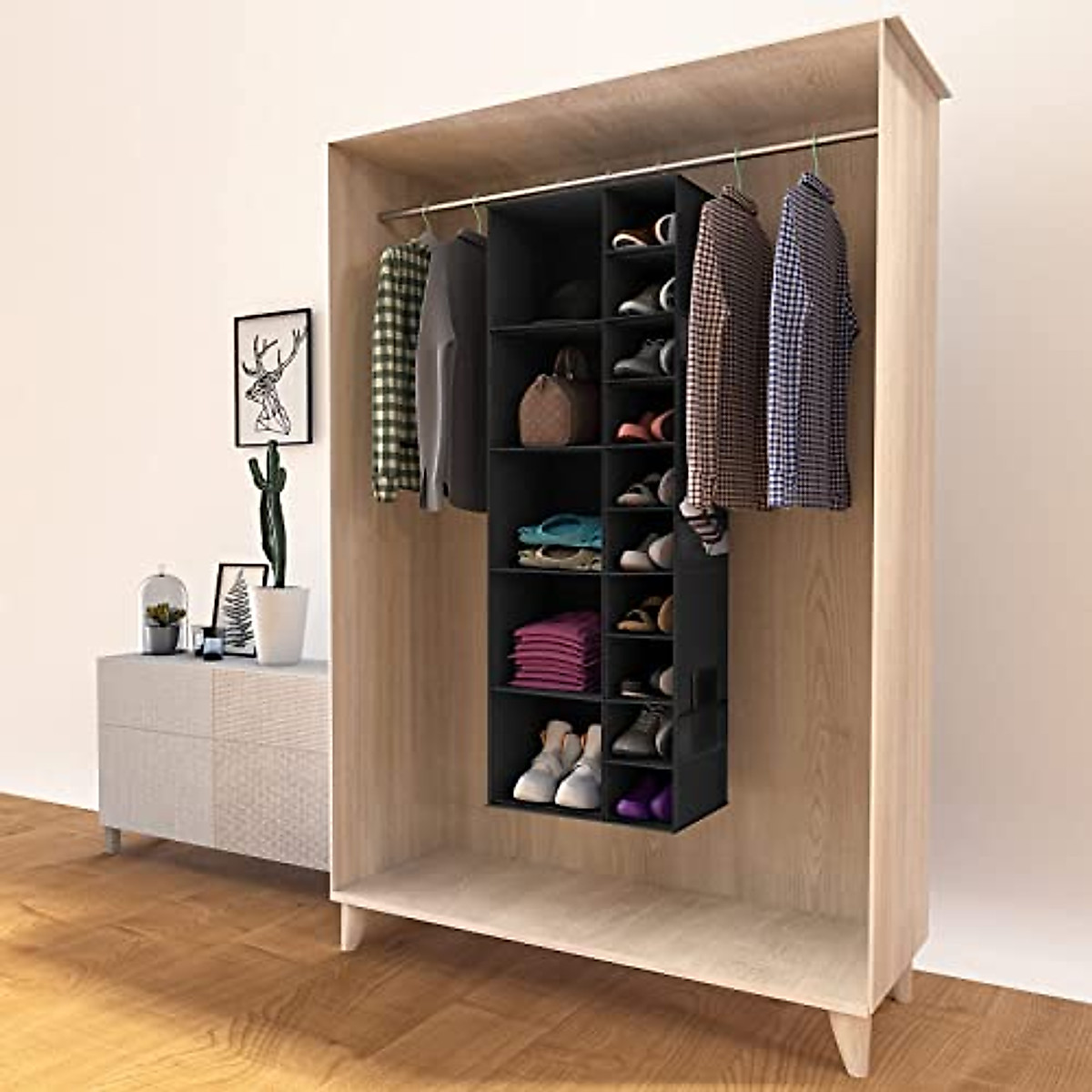 Libeder Shoe Organizer for Closet, 15 Shelf Hanging Closet Storage Shelves - 10 Shoe Rack Organizer and 5 Compartment for Clothes with 6 Side Mesh Pockets for Scarf, Socks,Gloves Black