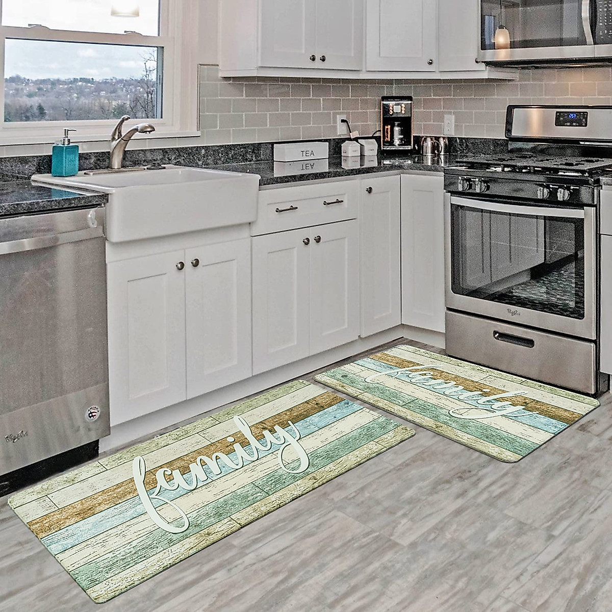 ROSMARUS Kitchen Rug Set of 2, Anti Fatigue Kitchen Mats Non Skid Waterproof Kitchen Rugs Cushioned Farmhouse Comfort Standing Kitchen Mats for Floor (17"x30"+17"x47", Beige Family)