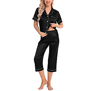 SWOMOG Satin Pajama Set Women Silk Pjs Set Short Sleeve 2 Piece Button Down Sleepwear Lounge Sets Black