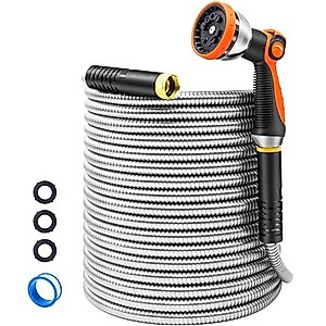 GAINSEN Flexible Metal Garden Hose 50ft x 5/8", Stainless Steel Heavy Duty Water Hose with Thumb Spray Nozzle, Kink & Tangle Free, Puncture & Leak Proof, Durable Lightweight Hose for Yard, Outdoor