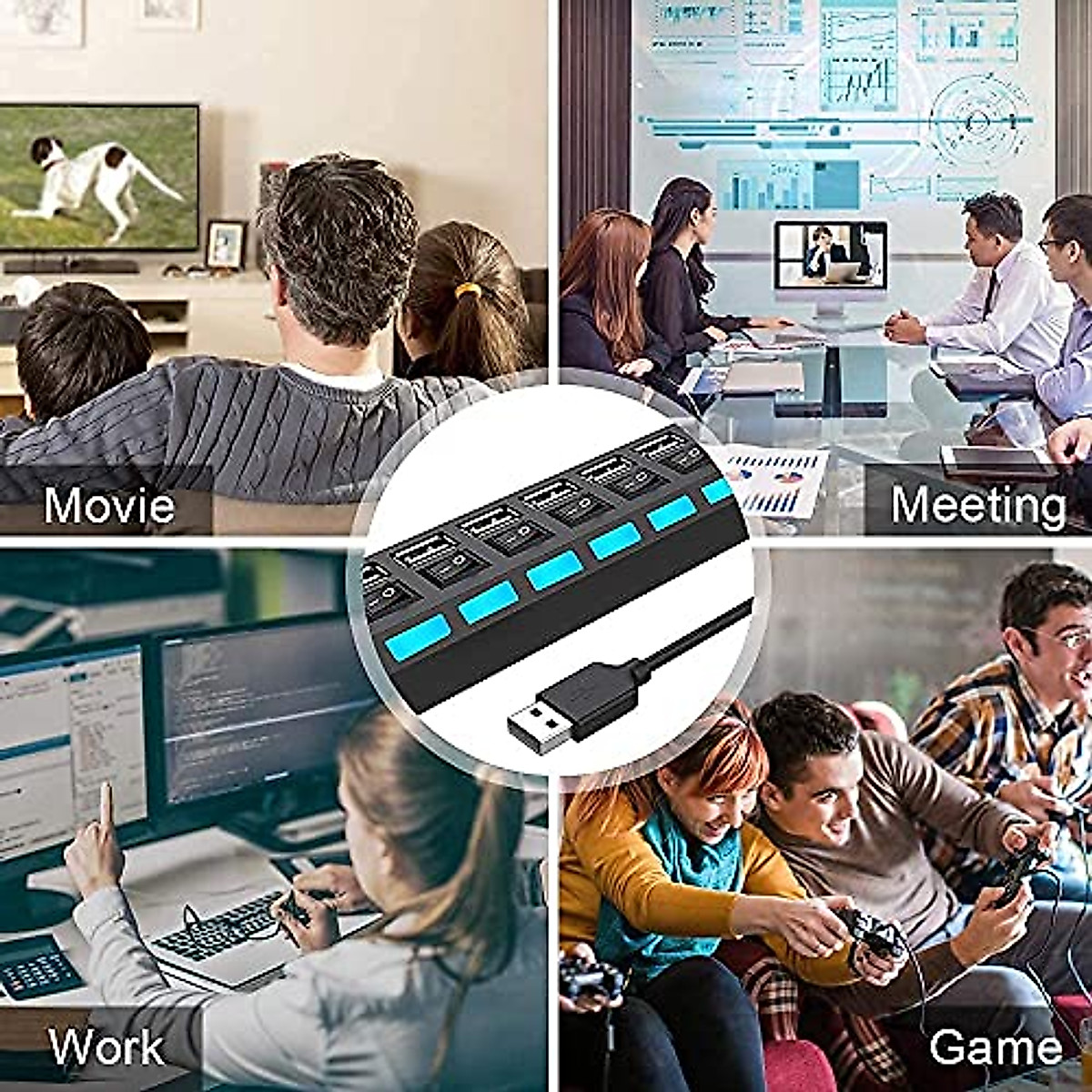 USB Hub Multi Port Splitter - LOBKIN 7 Port Data Hub USB 2.0 with Individual On/Off Switch and LED Lights Portable Desktop USB Hub Extender Ports for Laptop Computer PC MacBook