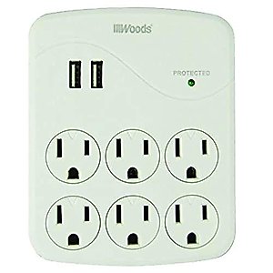 Woods 41079 Surge Protector with 6 Outlets and 2 USB Type A Ports with 1000J of Protection, White