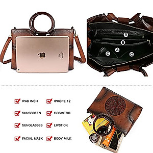 PU Handbag for Women,Vintage Design Embossed Totem Purse Organizer Top-Handle Satchel Handmade Medium Crossbody … (Brown)