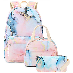 BTOOP Girls School Backpack Marble Schoolbag Laptop Bookbag Insulated Lunch Tote Bag Purse Teens Boys Kids (Marble 31-pink)
