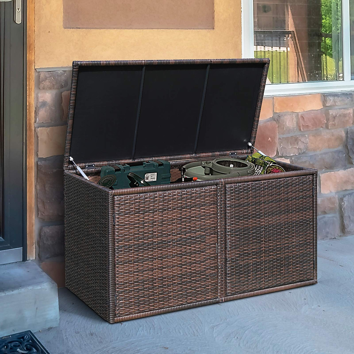 Tangkula Outdoor Wicker Storage Box, Garden Deck Bin with Steel Frame ...