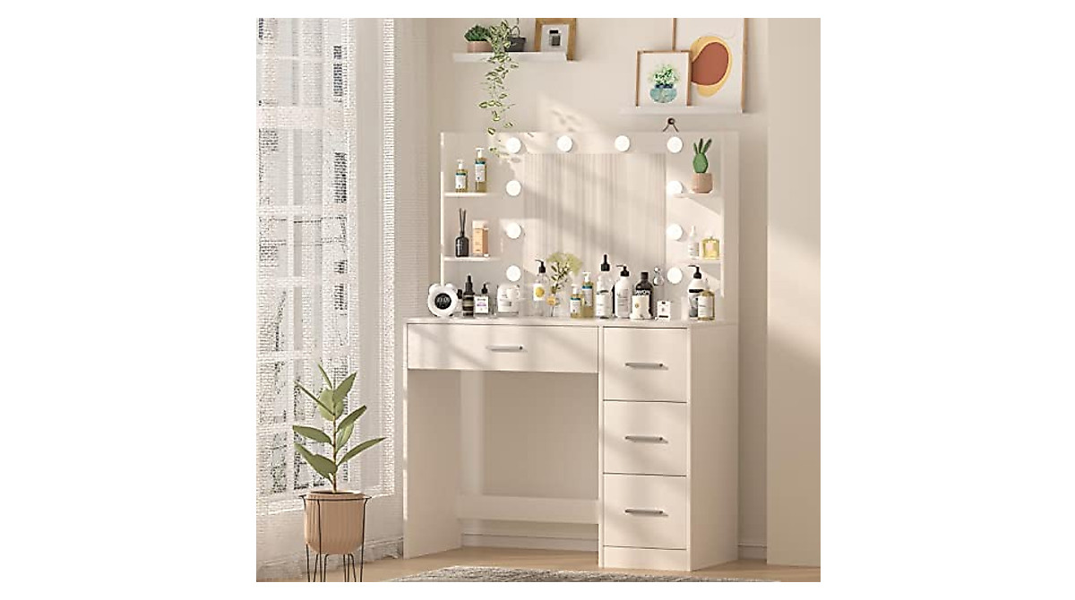 Irontar Vanity Desk, Makeup Vanity with 10 LED Lights & 4 Drawers ...