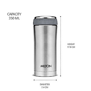 Milton Thermosteel Optima 350 Double Wall Vacuum Insulated Flask, 350 ml | 12 oz | Hot and Cold for Long Hours, 18/8 Stainless Steel, Coffee Travel Mug Tumbler, Rust and Leak-Proof, BPA-Free | Silver