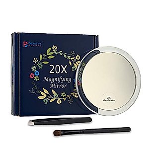 20x Magnifying Mirror with 3 Suction Cups, Use for Makeup Application, Tweezing, and Blackhead/Blemish Removal.Comes with 1PC Storage Bag, 1PC Tweezer, 1PC Reminder Card. 4Inches (Clear)