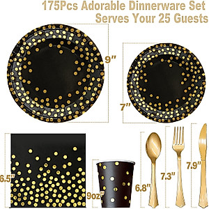 175PCS Black and Gold Party Supplies, Severs 25 Disposable Party Dinnerware, Gold Plastic Forks Knives Spoons and Golden Dot Black Paper Plates, Black Napkins Cups for Graduation, Birthday, Wedding