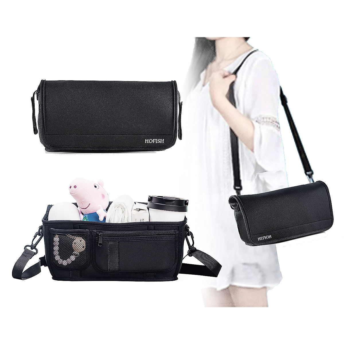 HOFISH Universal Stroller Organizer with Cup Holder, Neoprene Material Diaper Storage, Secure Straps,Pockets for Phone, Keys,Compact Design Fit Most Strollers (ST01B)
