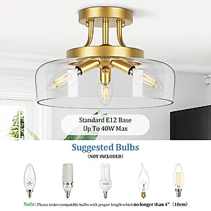 3-Light Gold Semi Flush Mount Ceiling Light Fixture, Modern Drum Glass Shade Ceiling Lamp for Living Room, Kitchen, Bedroom, Hallway, Bathroom, Laundry - E12 Socket, No Bulbs