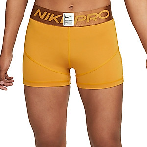 Nike Pro Women's Mid-Rise 3" Graphic Shorts (Gold Suede/Ale Brown/Barely Green, Medium)
