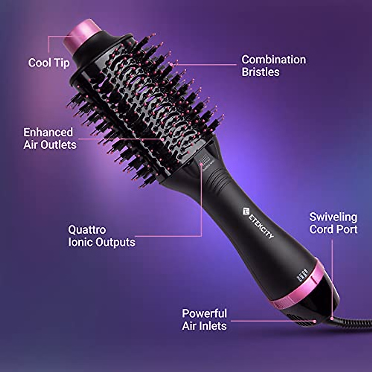 Hair Dryer Brush, Etekcity Blow Dryer Hot Air Brush for Women, One Step Hair Dryer and Styler Volumizer, Quattro Ionic Generator, Ceramic Coating & 3 Temperature Settings, ETL & CA65 Certified