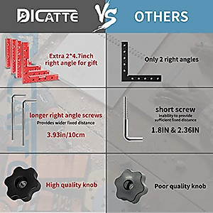 DICATTE 90 Degree Positioning Square Right Angle Clamp(5.5" +4.7") Aluminum Alloy Woodworking Carpenter Tool,4 Pcs Right Angle Clamps With 4 Clamps,For Picture Frame Box Cabinets Drawers (RED)