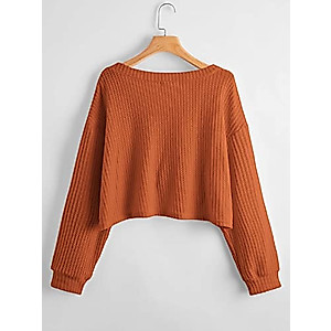 SOLY HUX Women's Plus Size Long Sleeve Crop Tops V Neck Pullover Drop Shoulder T Shirts Waffle Knit Tees Pure Orange 4XL