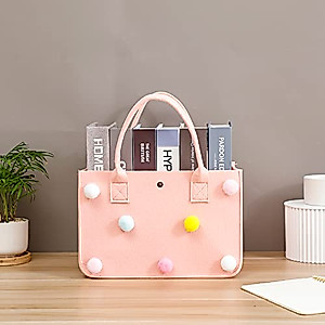 Yesesion 2 Pack Felt Storage Basket with Handle,Collapsible Baby Diaper Caddy Organizer, Portable Nursery Storage Bin for Bottles, Closet, Toys, Cute Tote Bags for Kids/Women (Medium-Pink/Yellow)