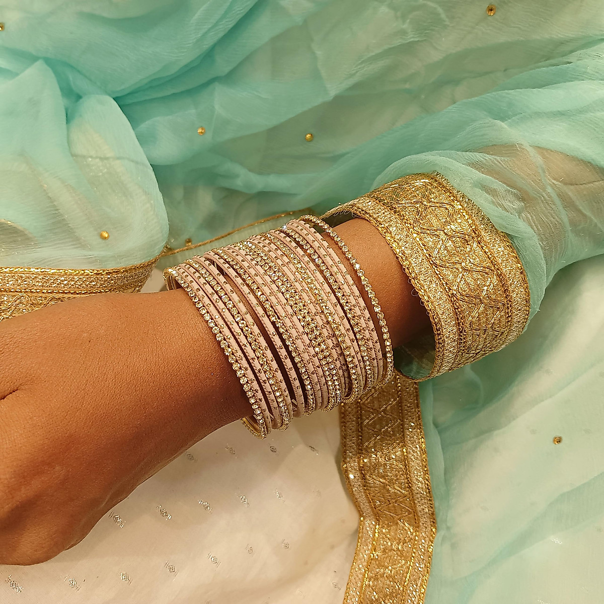 Efulgenz Indian Bangle Set Rhinestone CZ Plain Metal Bracelet Bangle Jewelry for Women (20 Pcs) Size-2.4, Pink