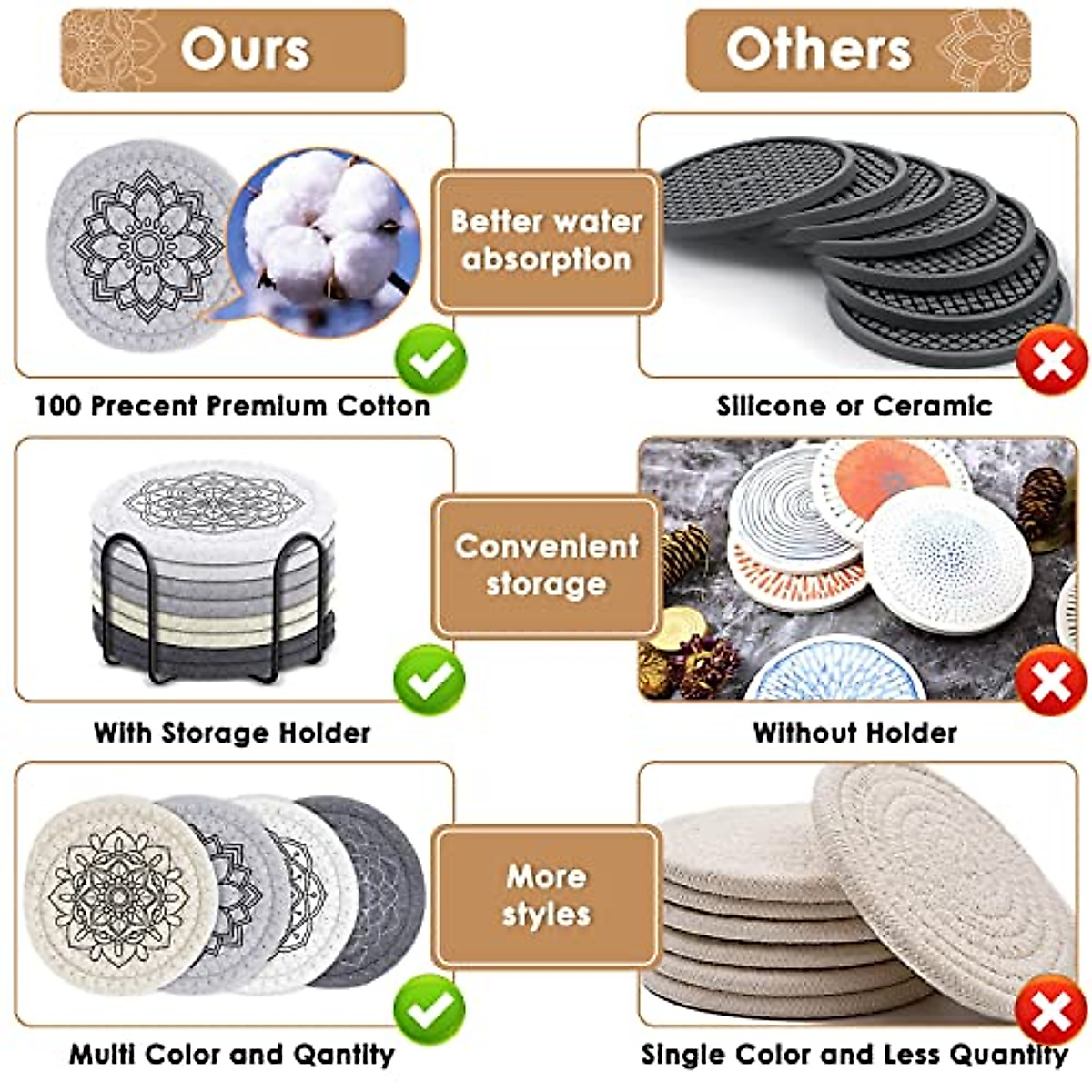 8 Pieces Coasters for Drink Absorbent, Billbotk Mandala Drink Coasters with Holder, Woven Coasters Set for Coffee Table, Wooden Table and Home Decor, 4.3 Inches