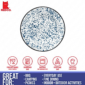 Red Co. Set of 4 Enamelware Metal Classic 8" Round Salad Plate, Navy Blue Marble/Black Rim - Splatter Design