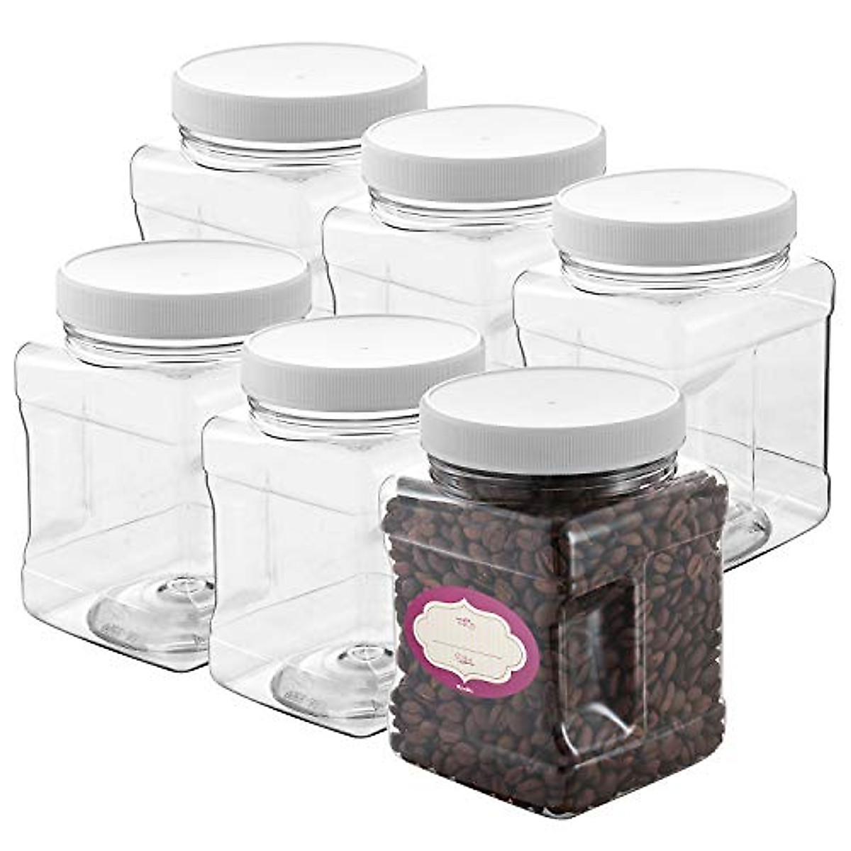 DilaBee Clear Plastic Storage Jars with Lids - 6 Pack - Square Plastic Containers with Airtight Lids - Canisters with Pinch Grip Handles - BPA-Free - 32 Oz